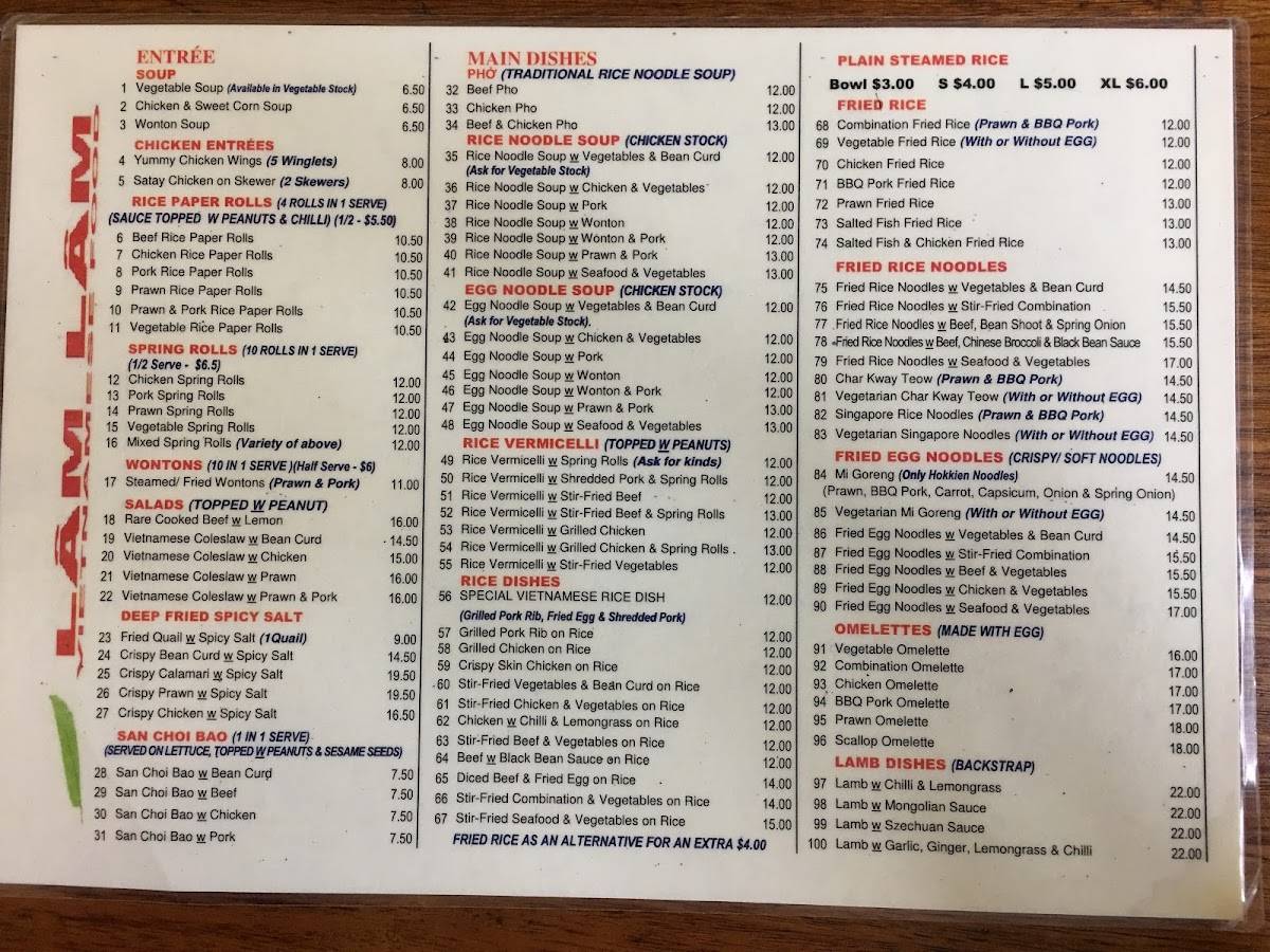 Menu at Lam Lam restaurant, Melbourne, 399A High St