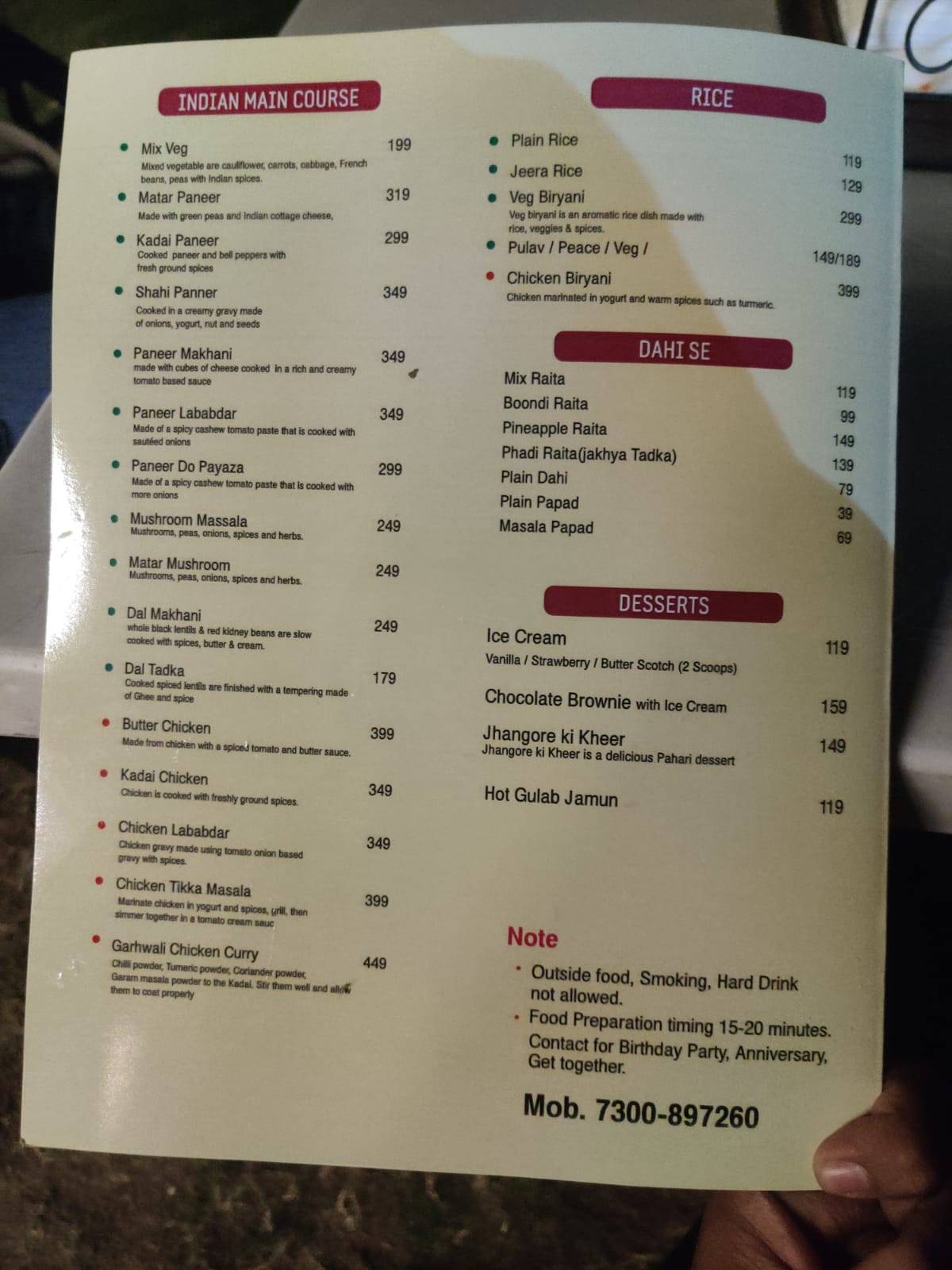 Menu at Lamplighter Café, Dehradun