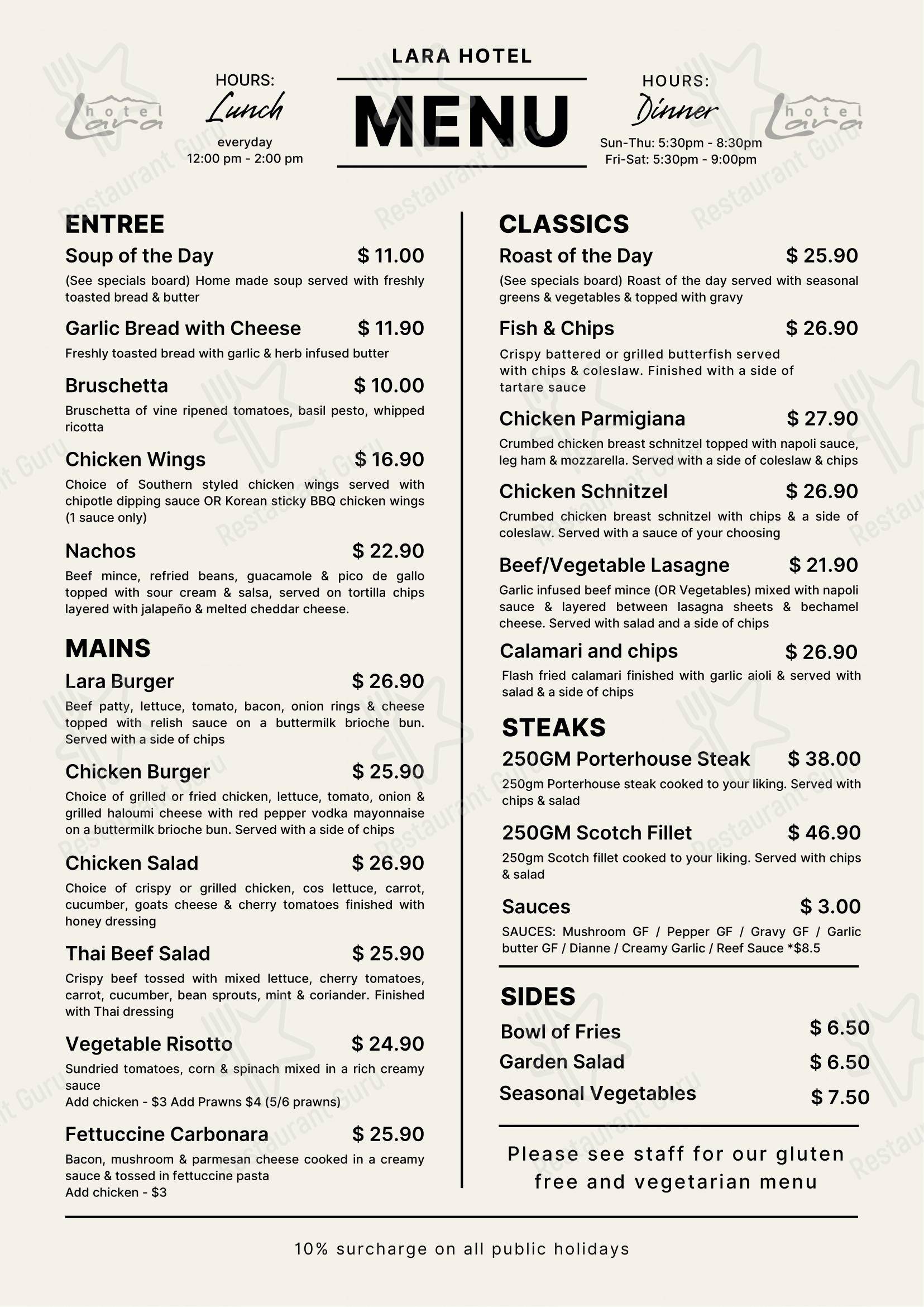 Menu at Lara Hotel pub & bar, Lara