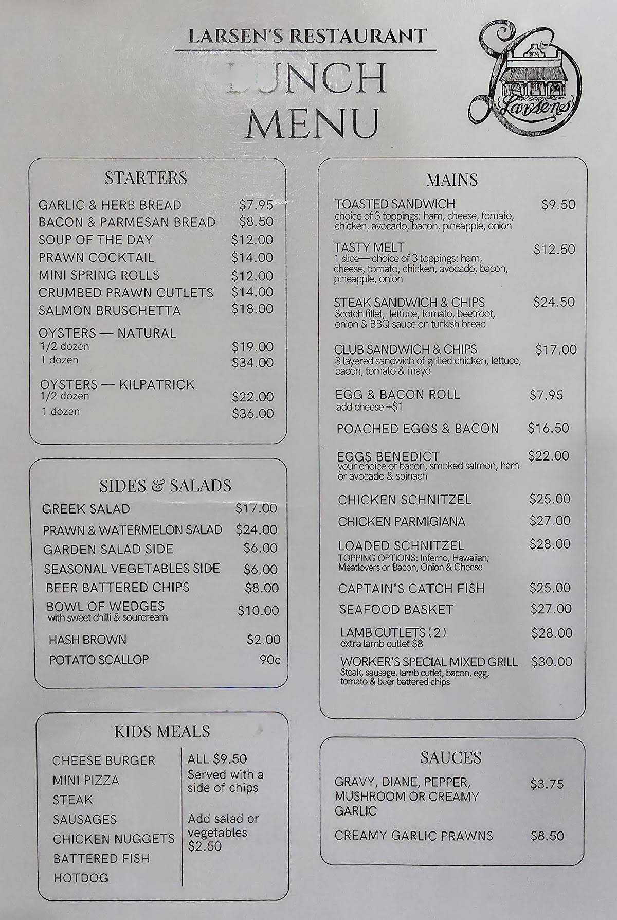 Menu at Larsens restaurant, Gulgong