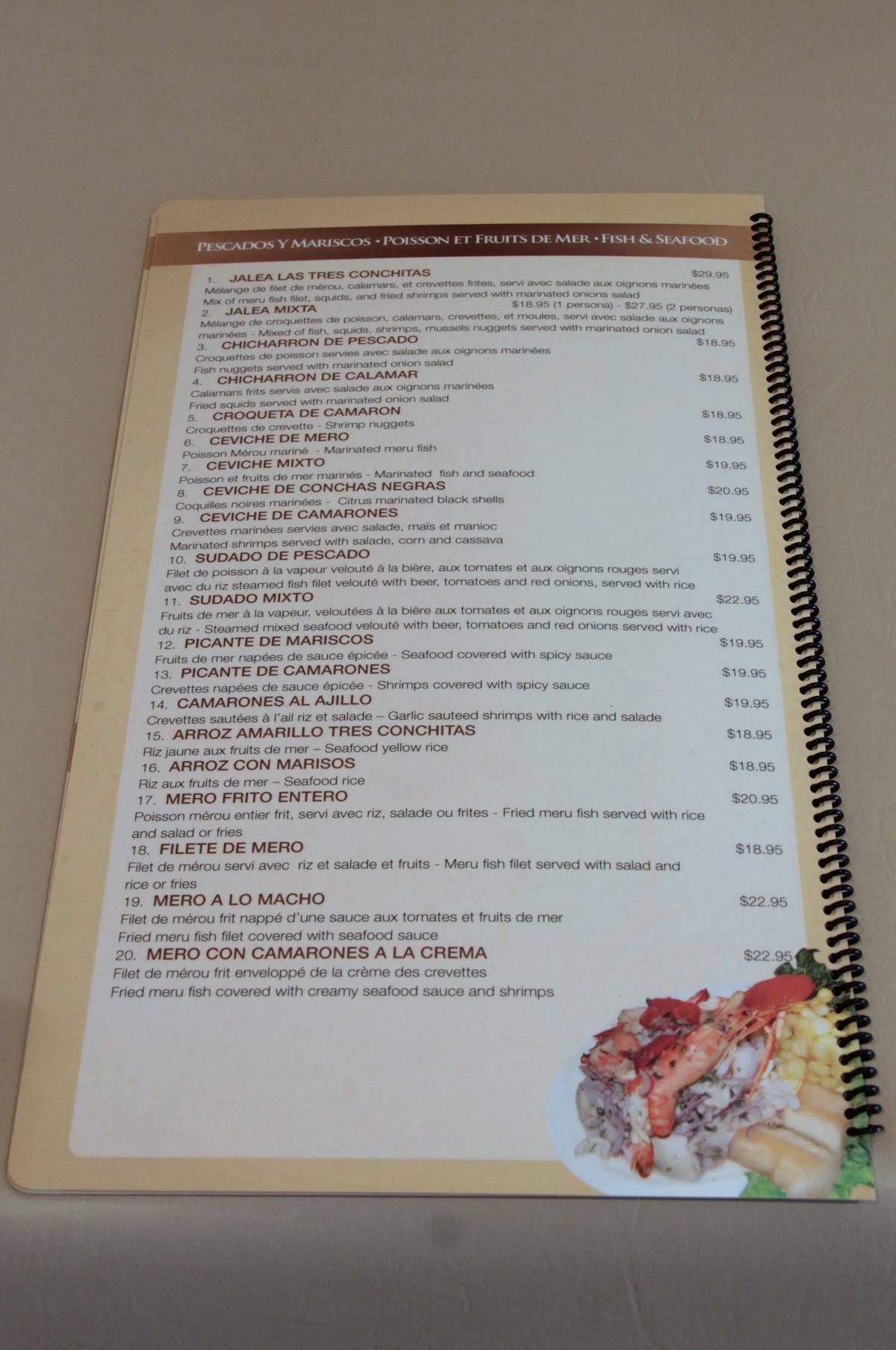 Menu at Las Tres Conchitas restaurant, Montréal, Rue St-Hubert