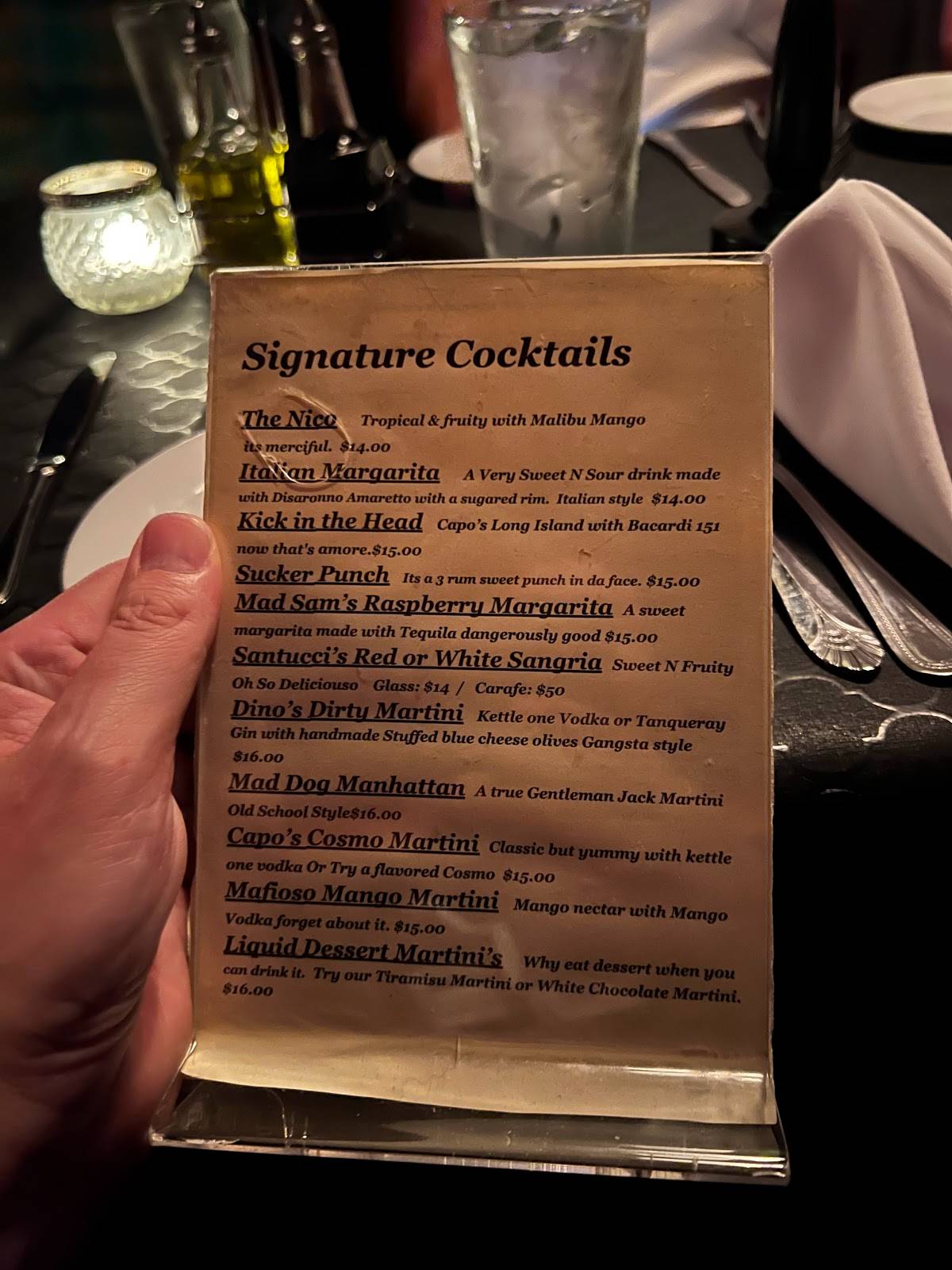 Menu at Capo's Restaurant and Speakeasy, Las Vegas