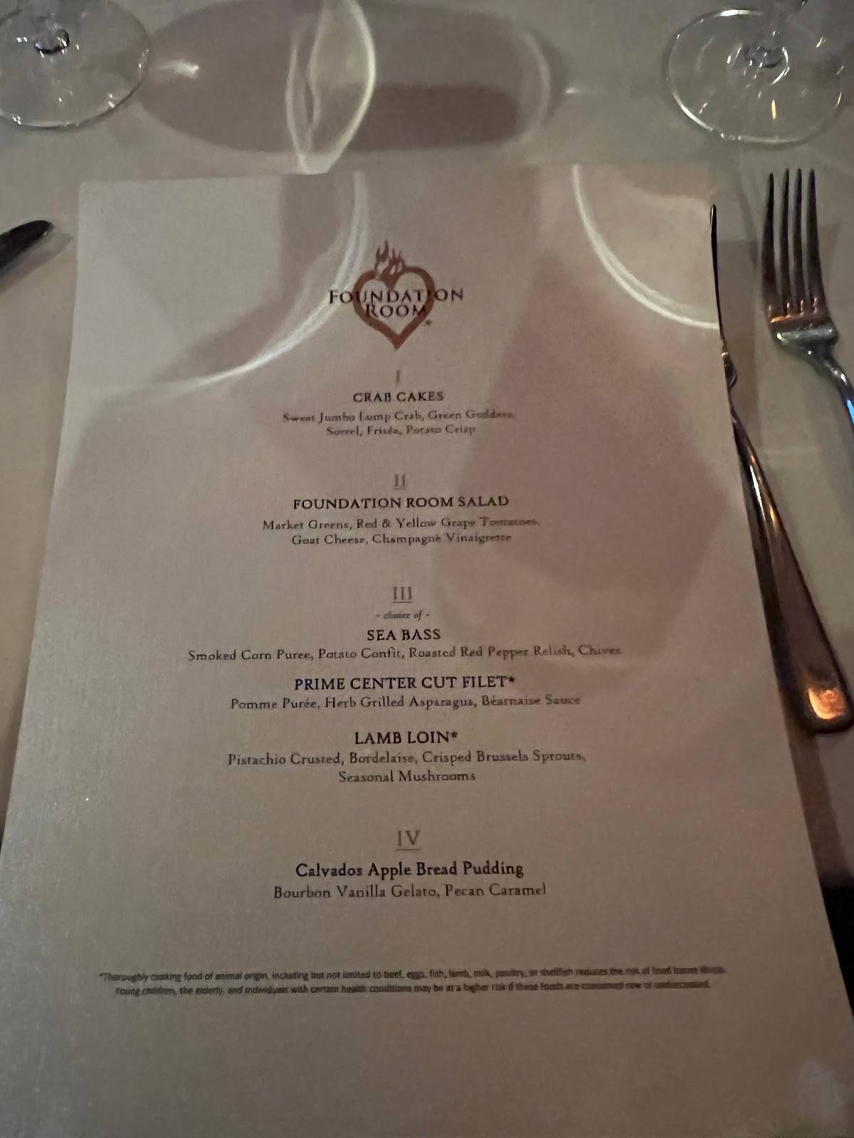 Menu at Foundation Room Las Vegas pub & bar, Las Vegas, S Las Vegas Blvd