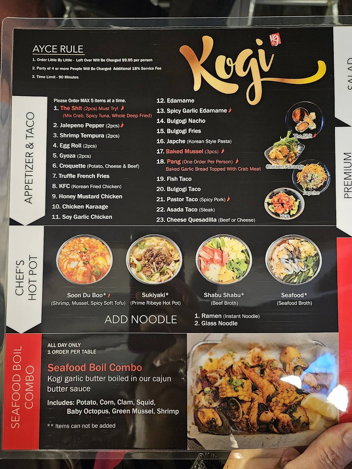 Menu at Kogi Korean BBQ & Seafood Hot Pot, Las Vegas