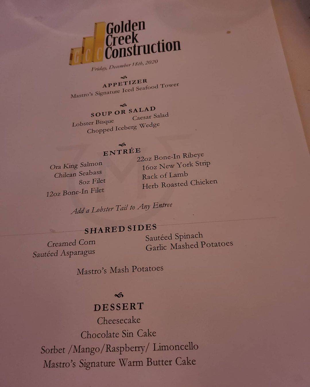 Menu at Mastro's Ocean Club, Las Vegas