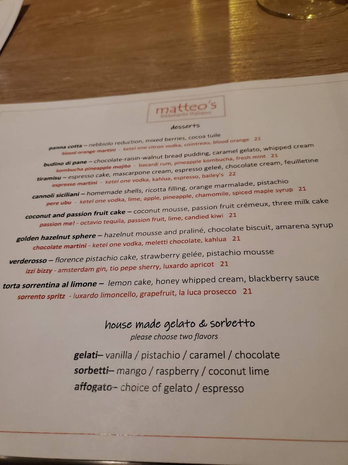 Menu at Matteo's Ristorante Italiano pub & bar, Las Vegas