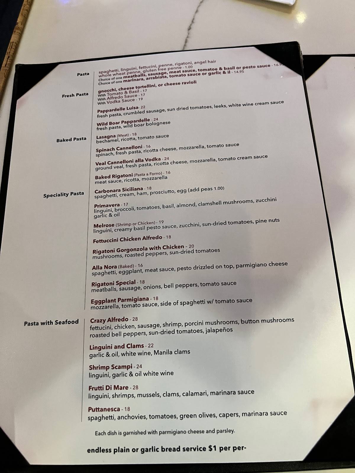Menu at Nora's Italian Cuisine pub & bar, Las Vegas, 5780 W Flamingo Rd
