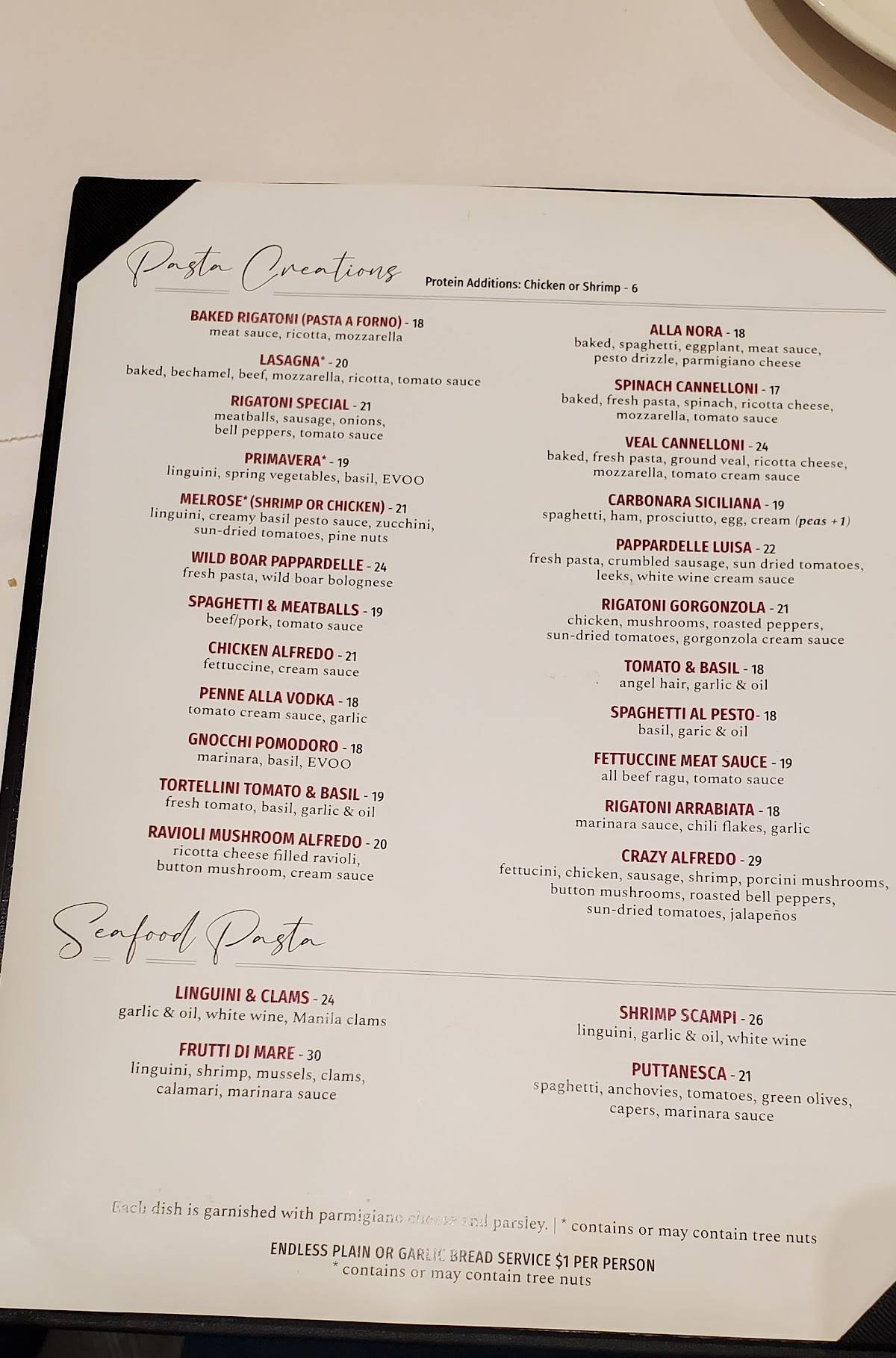 Menu at Nora's Italian Cuisine pub & bar, Las Vegas, 5780 W Flamingo Rd
