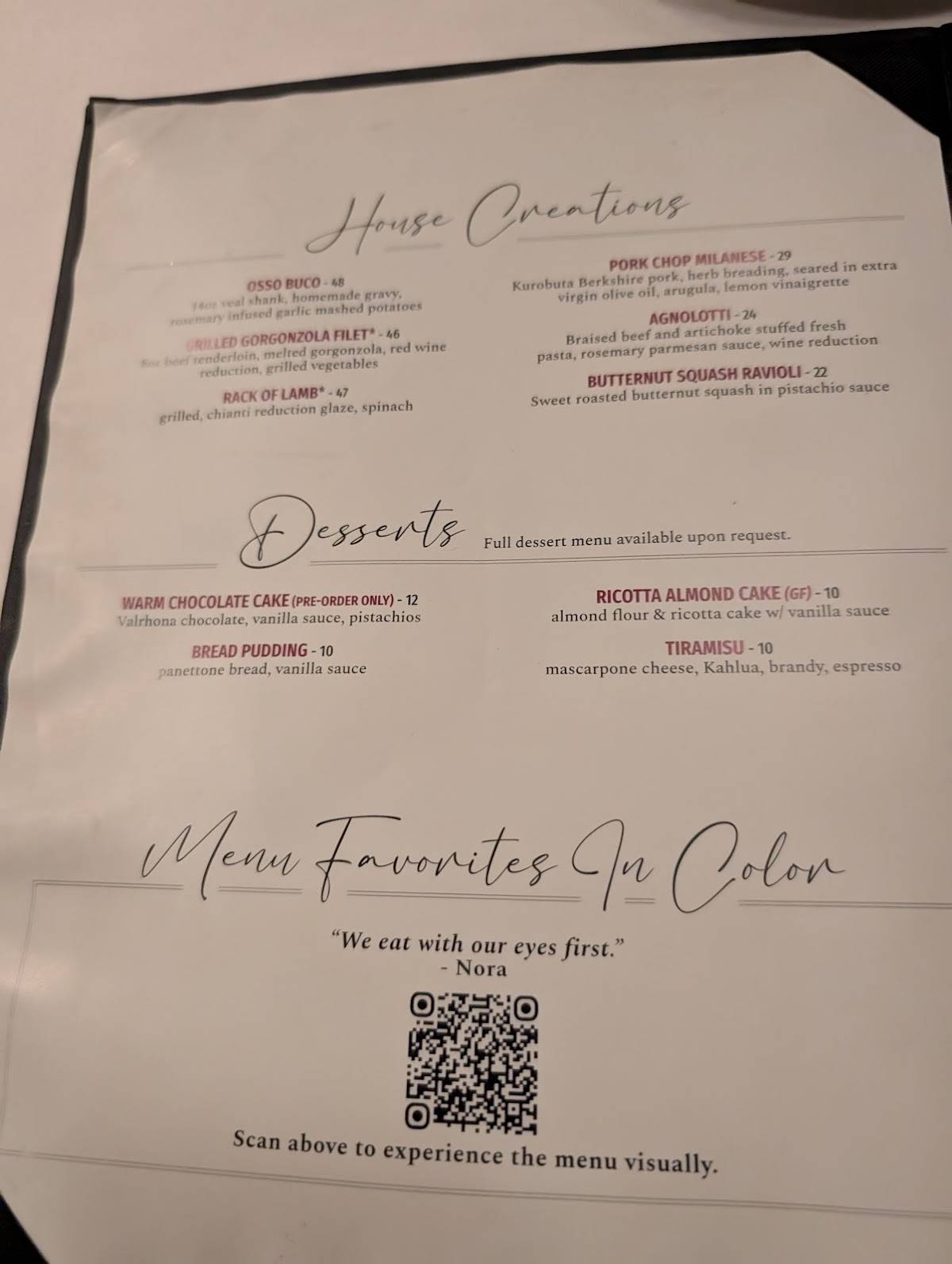 Menu at Nora's Italian Cuisine pub & bar, Las Vegas, 5780 W Flamingo Rd