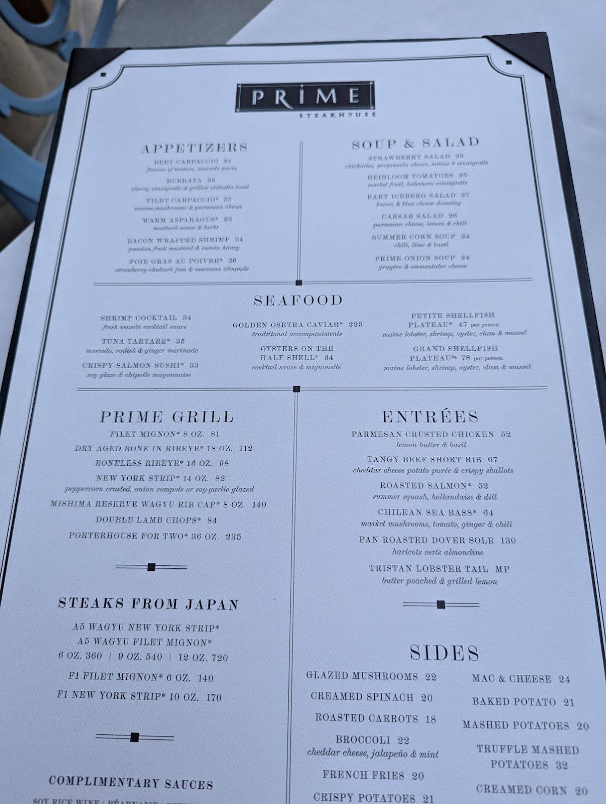 Menu at Prime Steakhouse, Las Vegas