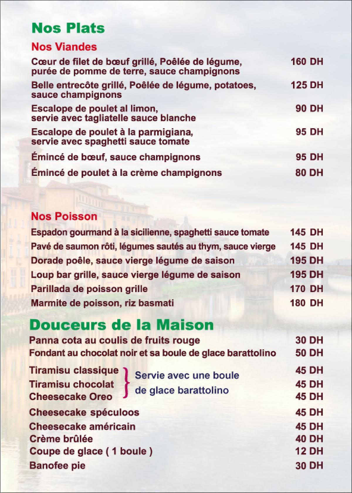 Menu at LA sponda restaurant, Casablanca