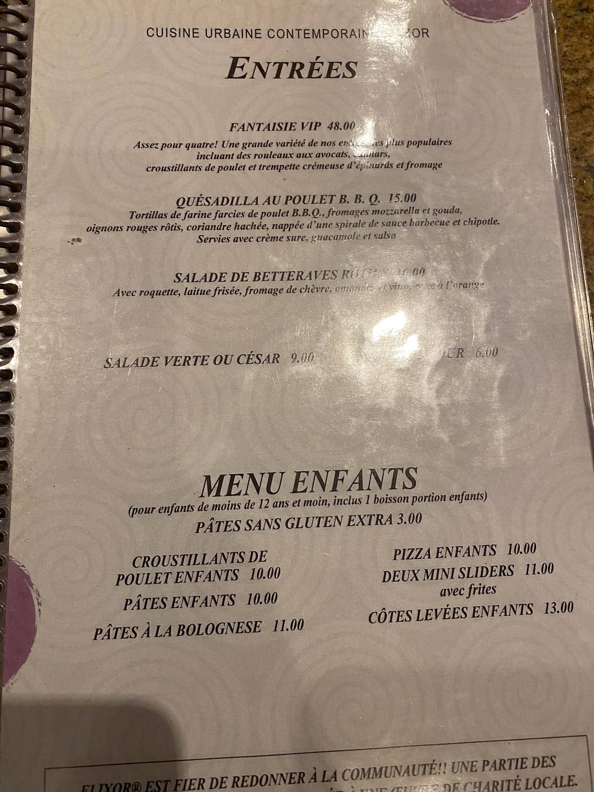 Menu au Elixor restaurant, Laval, Av. Pierre-Péladeau