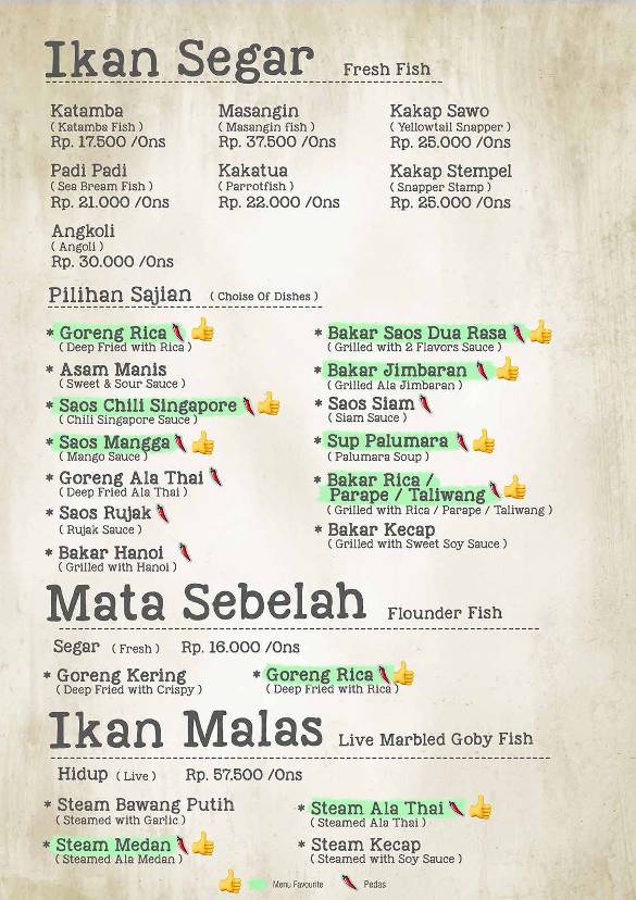 Menu at Layar Seafood & Ikan Bakar Pesanggrahan restaurant, West Jakarta
