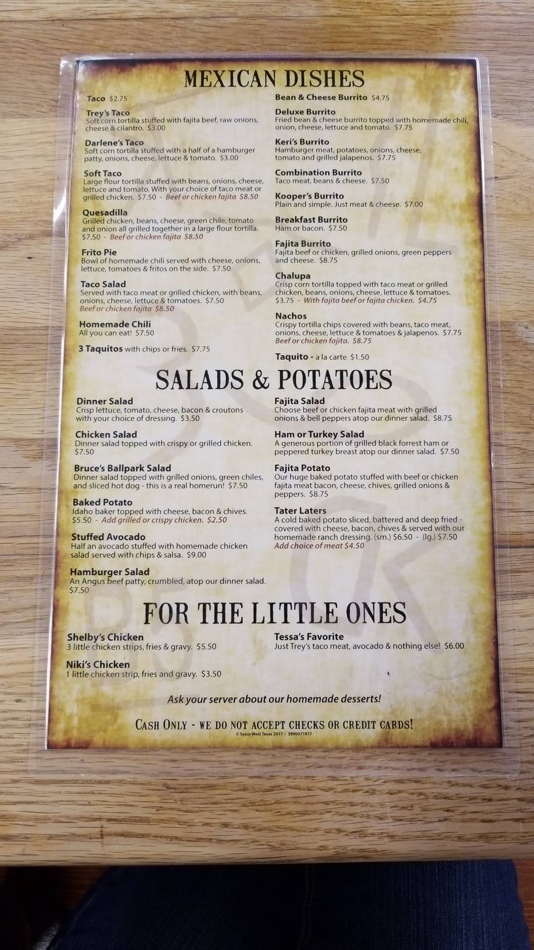 Menu at Lazy 6 restaurant, Lovington
