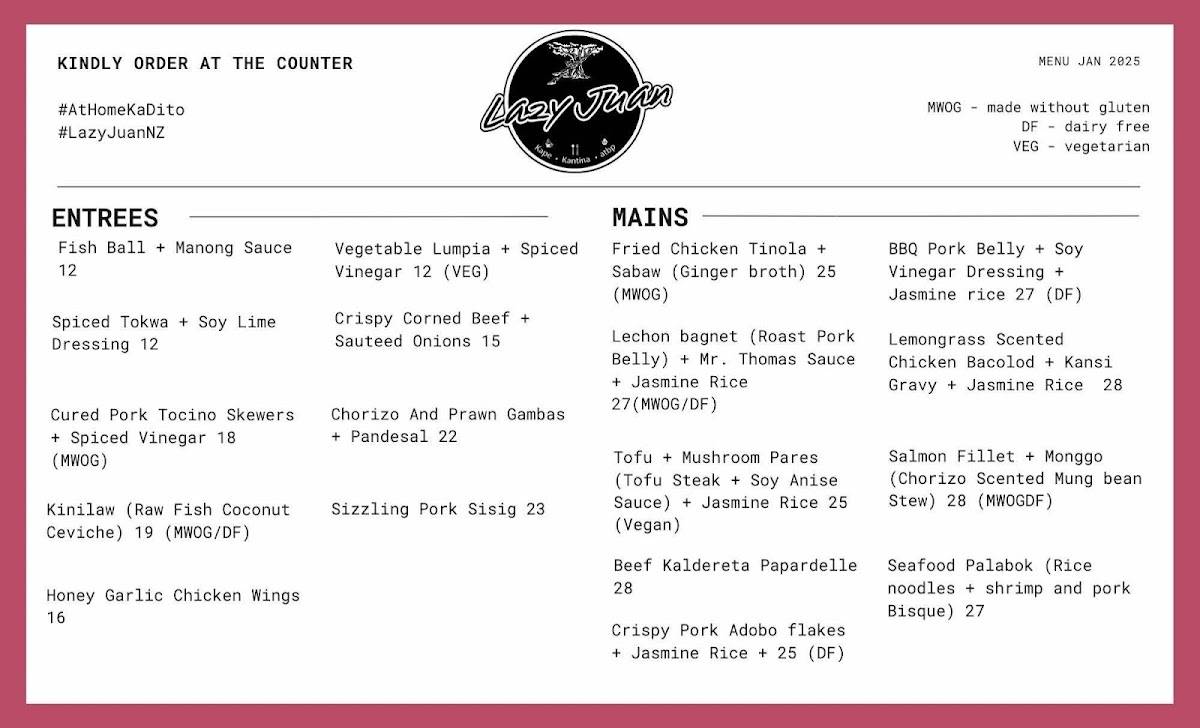 Menu at Lazy Juan cafe, Wellington