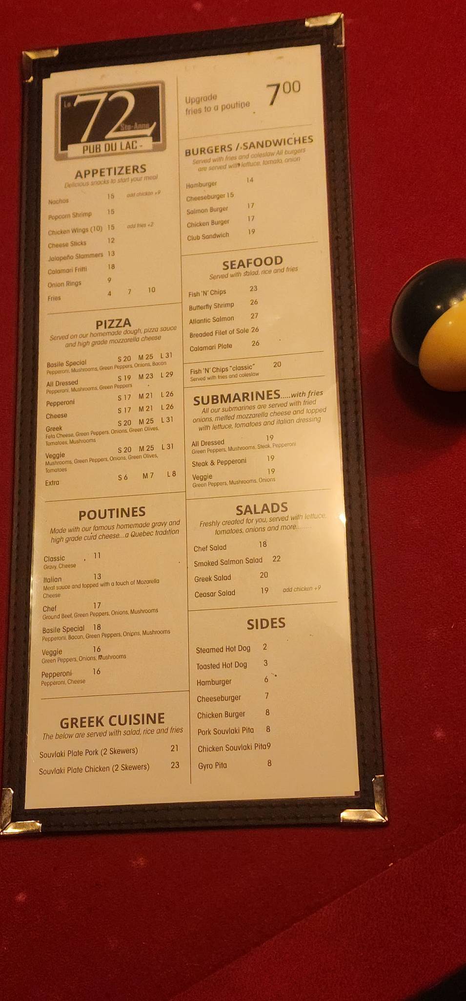 Menu at Le 72 pub & bar, Sainte-Anne-de-Bellevue