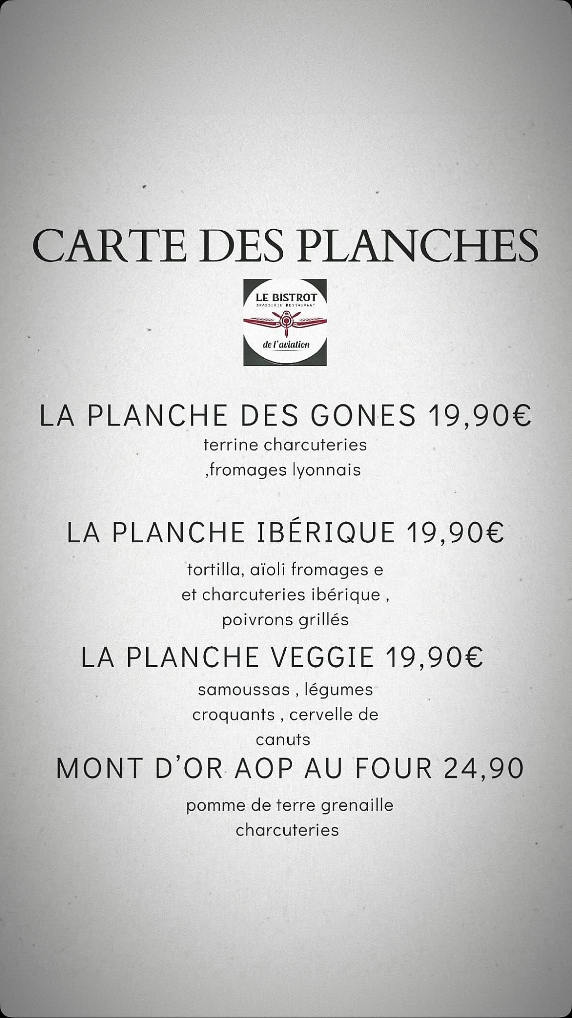 Menu au Le Bistrot de l'aviation restaurant, Bron