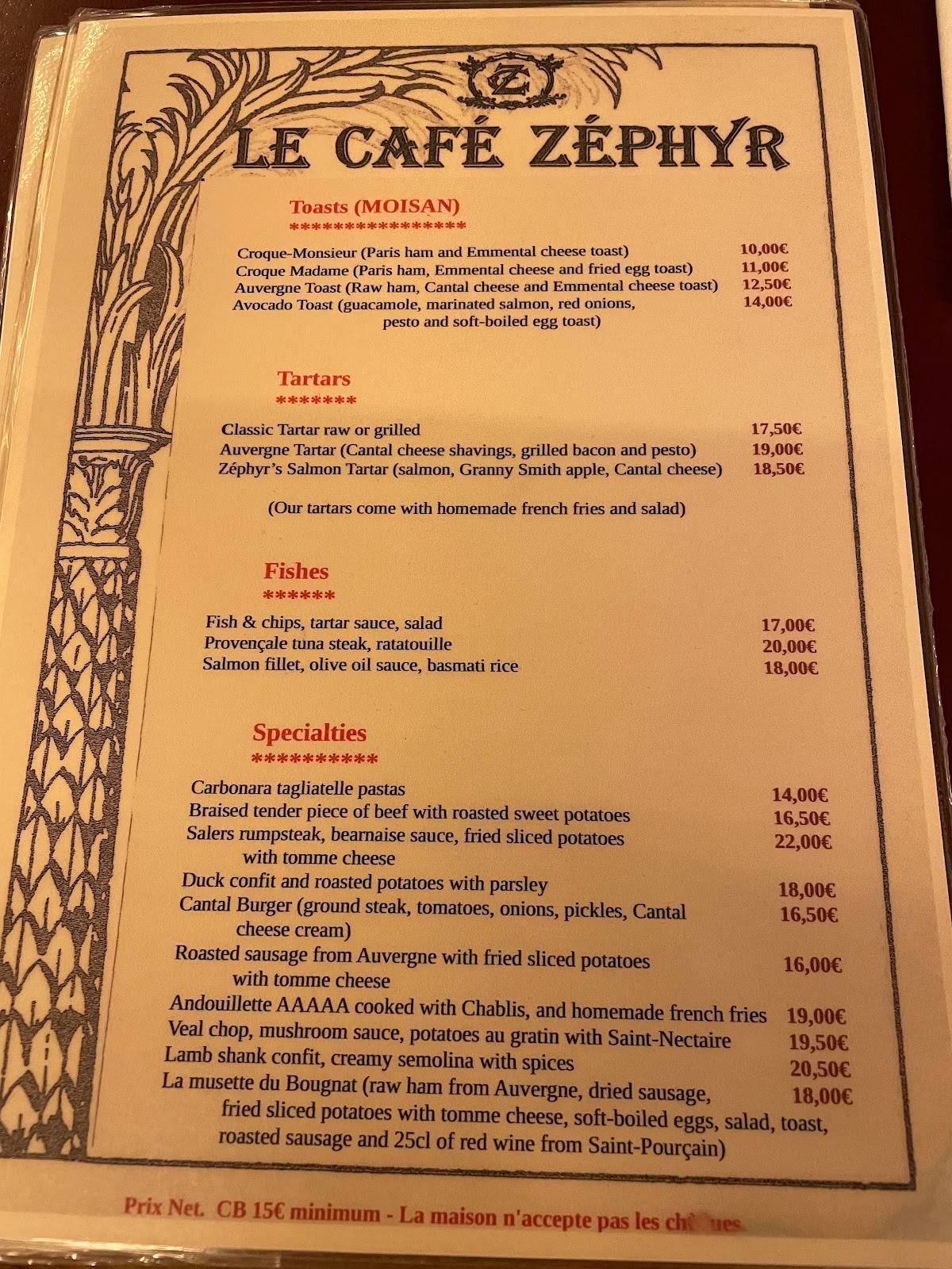 Menu au Le Café Zéphyr, Paris, 12 Bd Montmartre