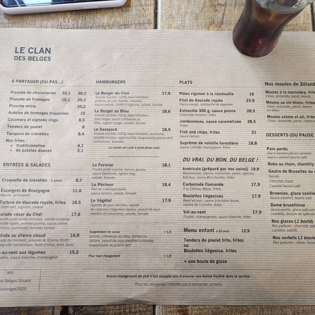 Menu au Le Clan des Belges, Ixelles