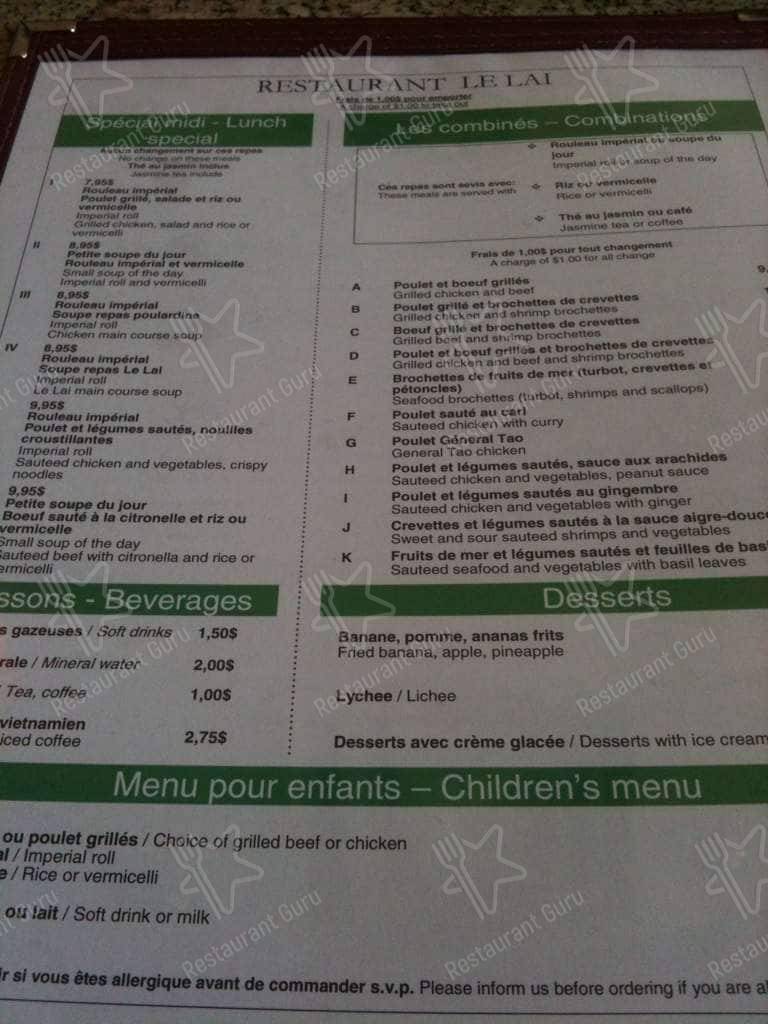 Menu at Restaurant Le Lai, Montréal