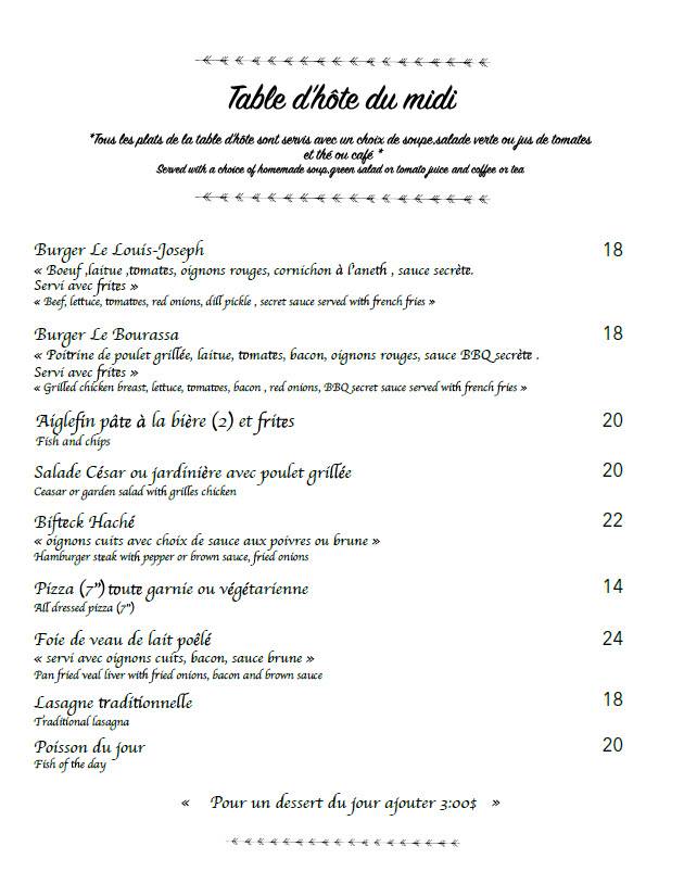 Menu au Le Louis-Joseph restaurant, Papineauville