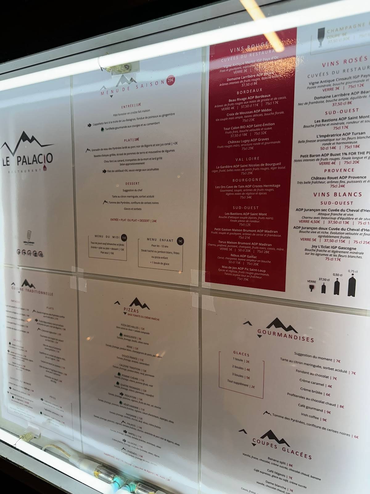 Menu au Le Palacio restaurant, Lourdes