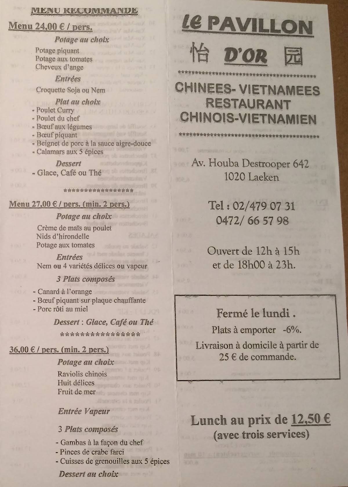 Menu au Le Pavillon d'Or, Bruxelles, Av. Houba de Strooper 642