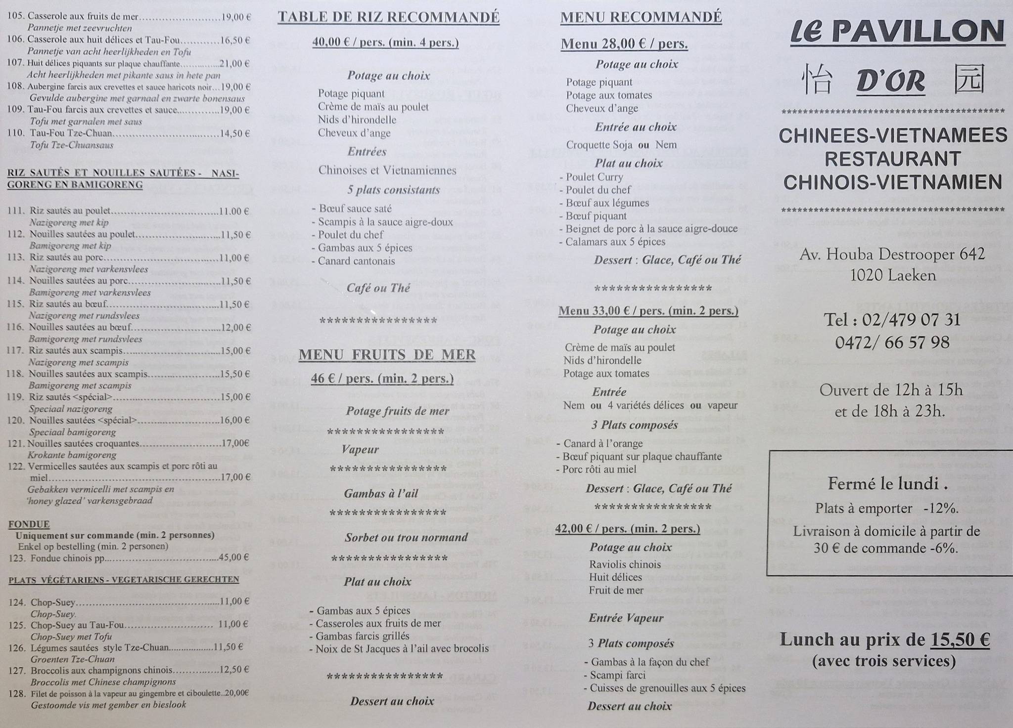 Menu au Le Pavillon d'Or, Bruxelles, Av. Houba de Strooper 642