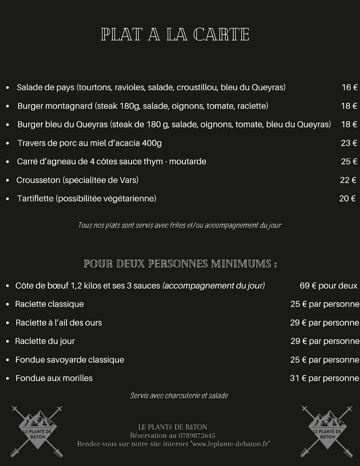 Carta del restaurante Le Planté del Batôn, Vars