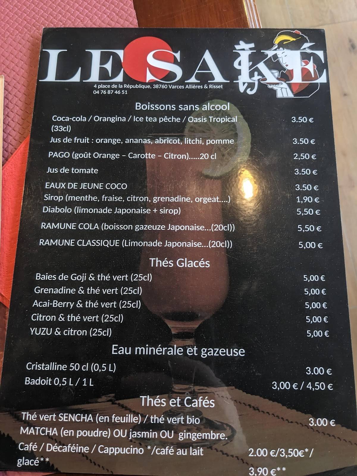Menu at Le Saké restaurant, Varces-Allières-et-Risset