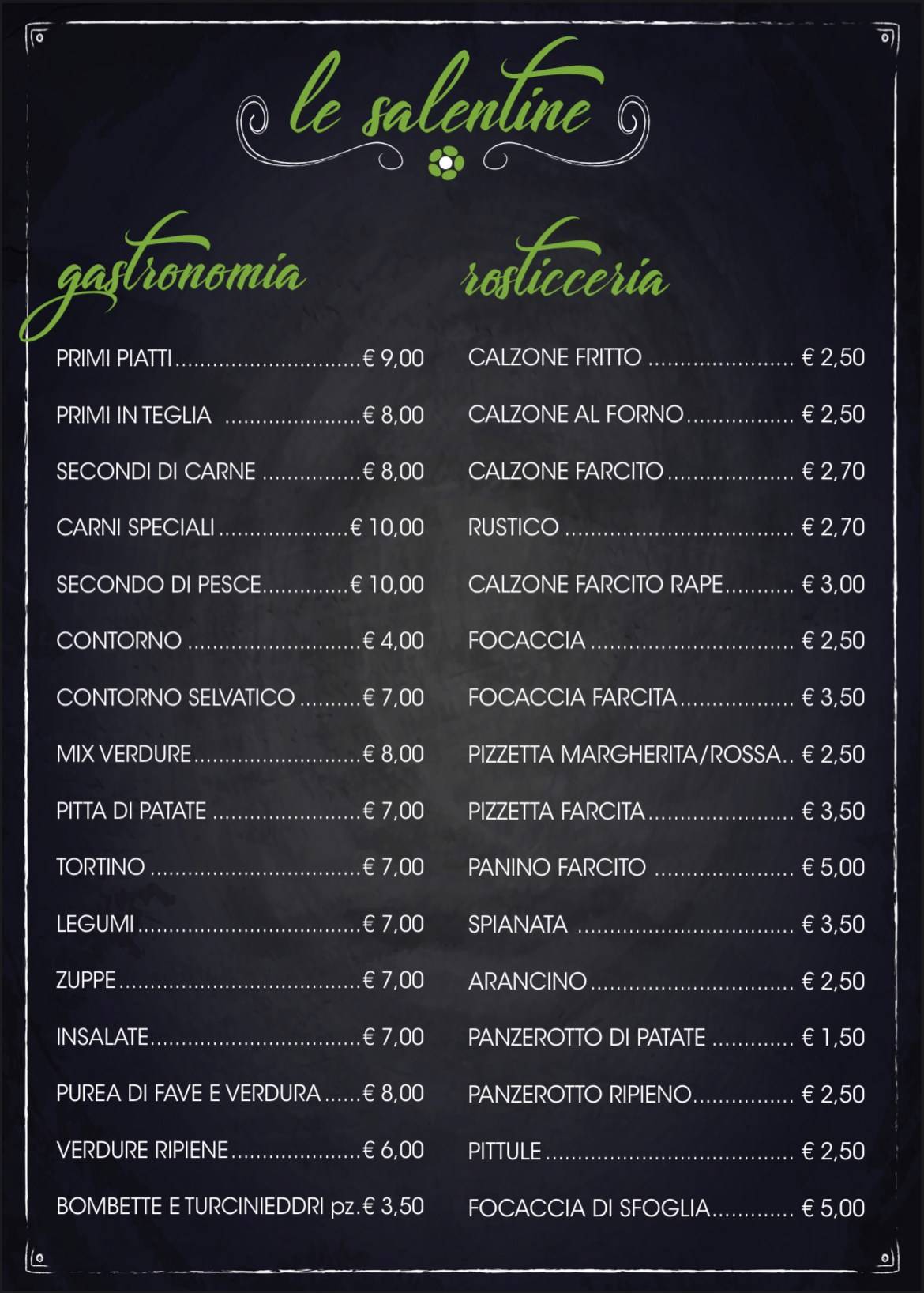 Carta del restaurante Le Salentine, Bolonia