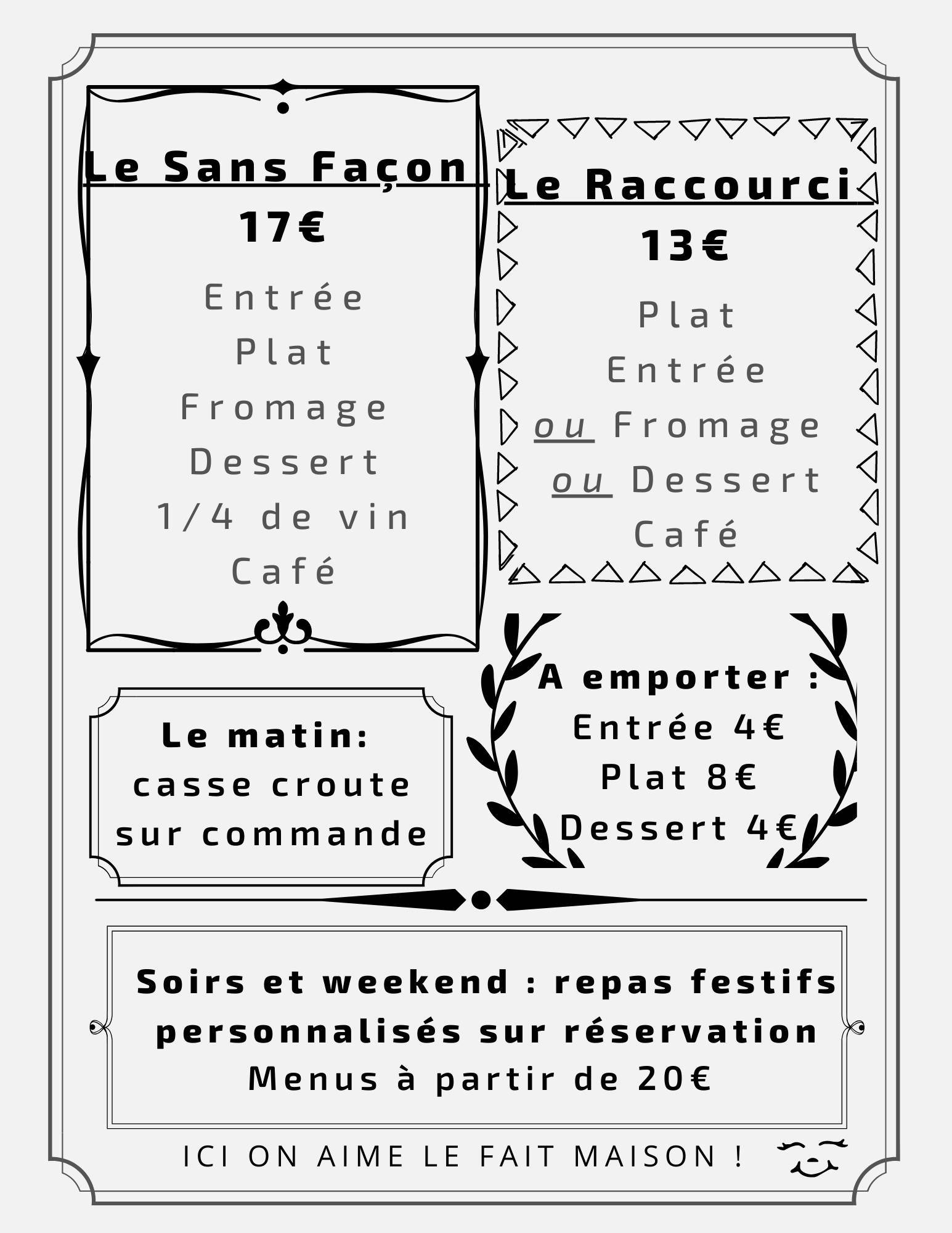 Menu au Le Sans Facon restaurant, Mably