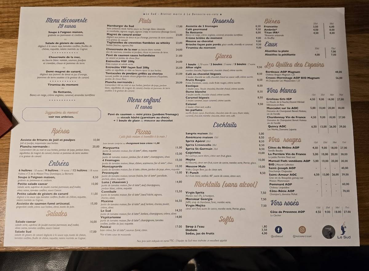 Menu au Le Sud pub et bar, La Bernerie-en-Retz