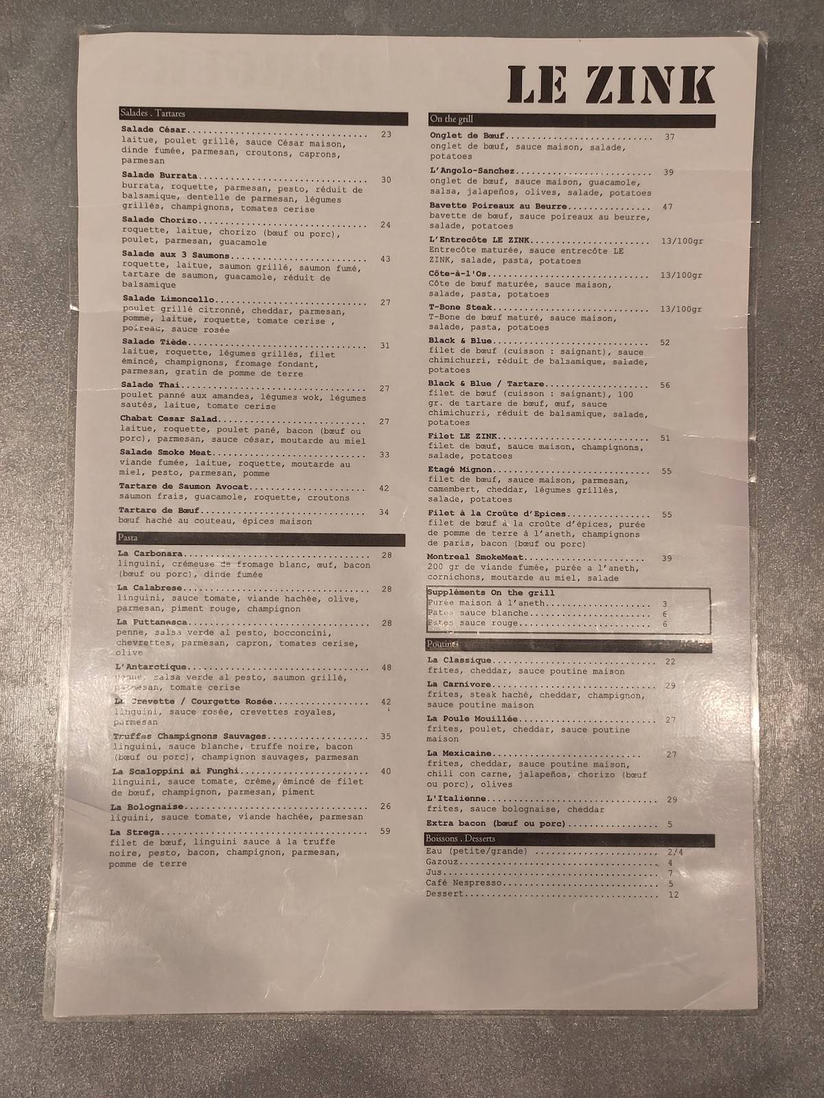Menu au Le Zink restaurant, Marsa