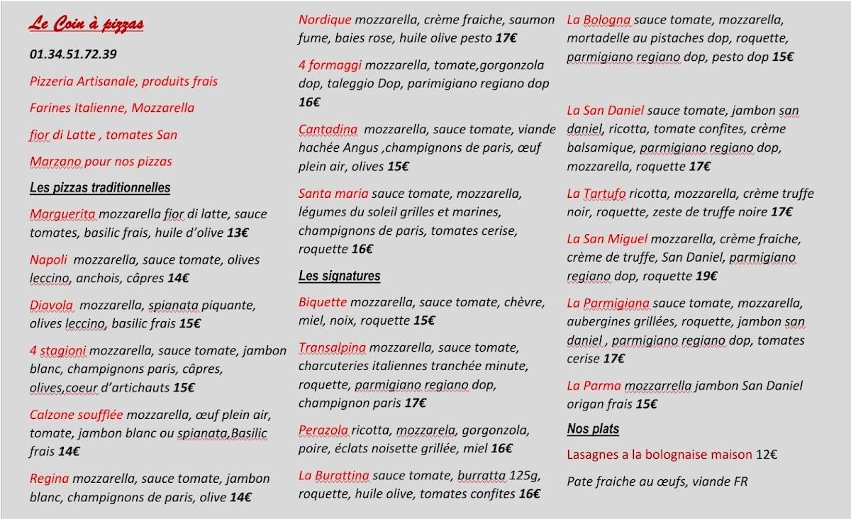 Menu au Le Coin À Pizzas Fourqueux restaurant, Saint-Germain-en-Laye
