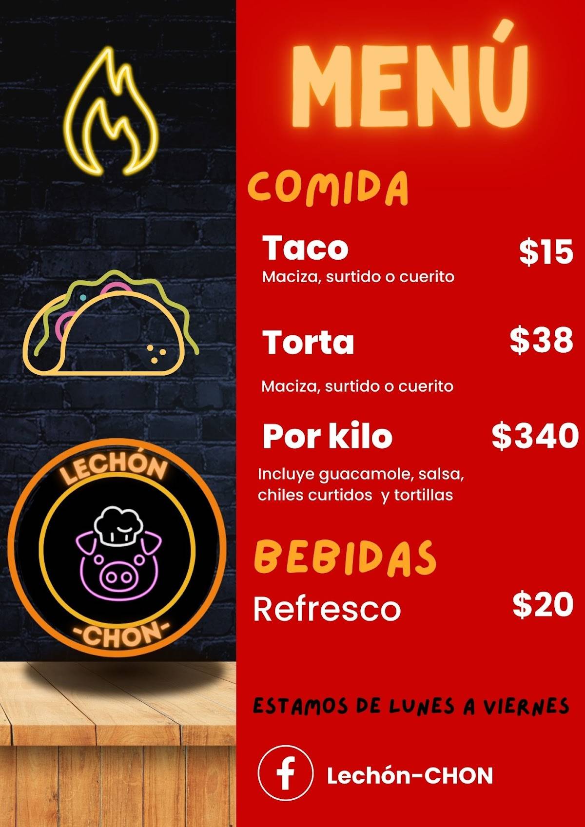 Menu at Lechón-CHON restaurant, Paseos de Aguascalientes
