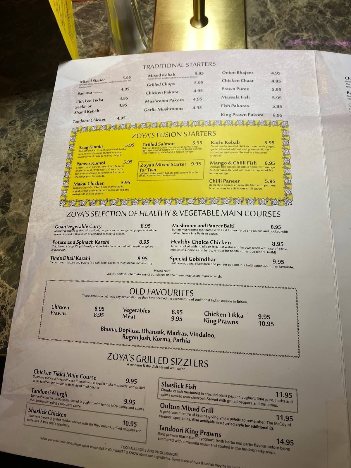 Menu at Zoya Oulton restaurant, Leeds, 76 Aberford Rd