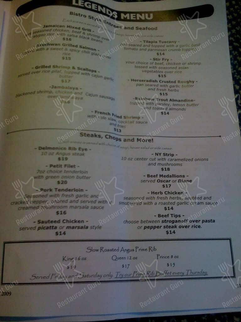 Menu at Legends Restaurant, Fairfield Glade, 433 Lakeview Dr