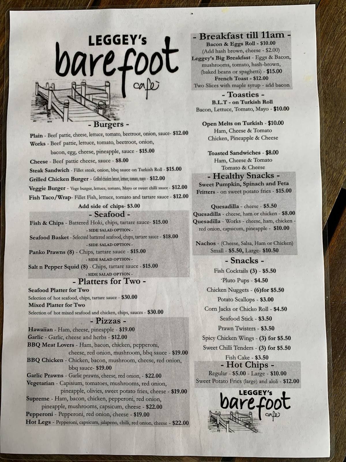 Menu at Leggey's Barefoot Cafe, Bombah Point