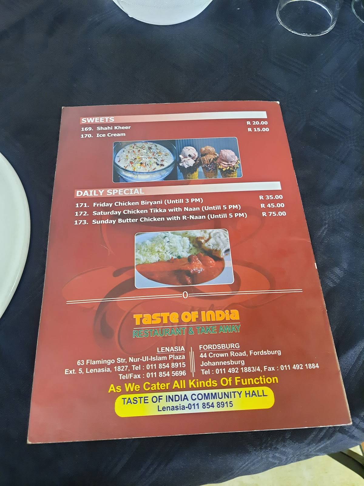 Menu at Taste of India restaurant, Lenasia