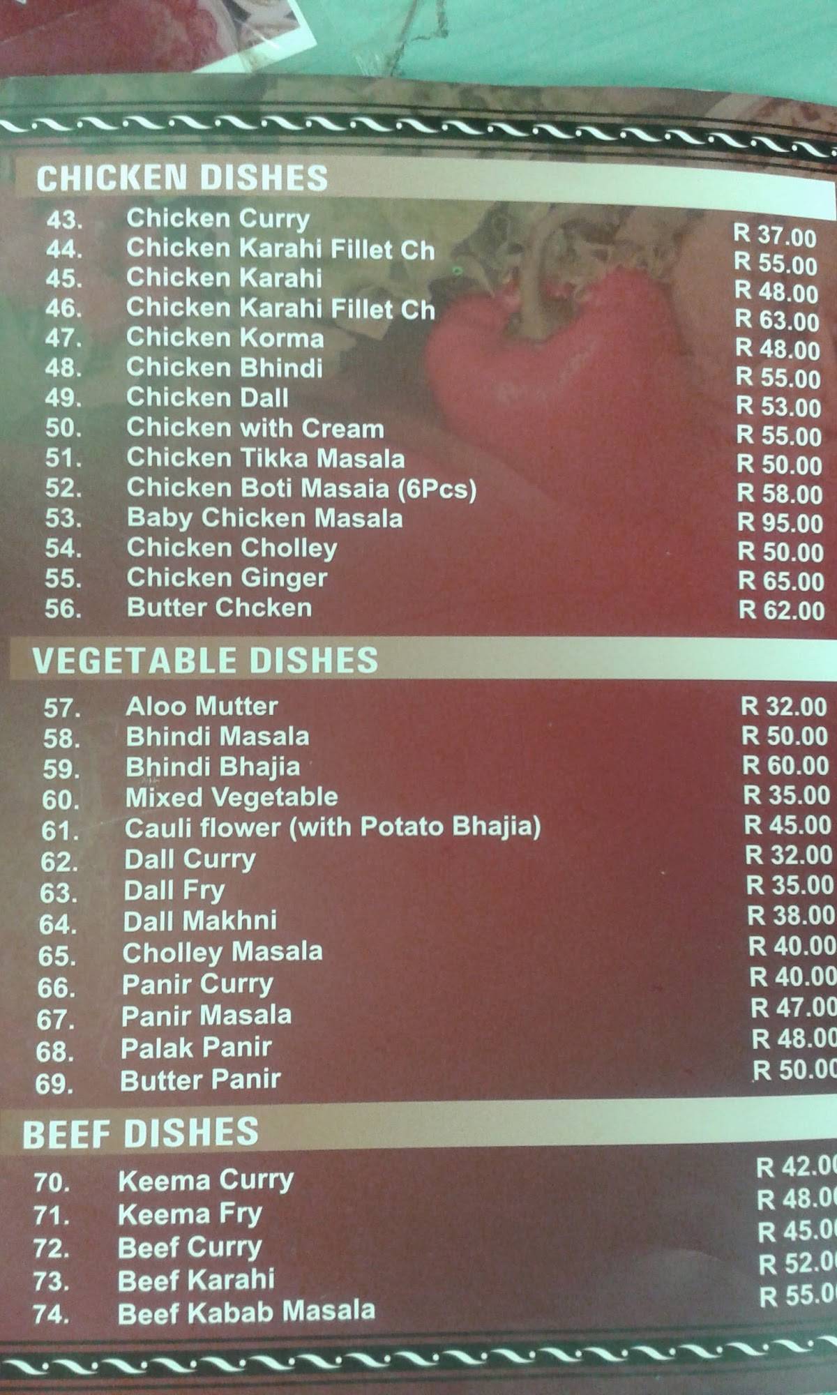 Menu at Taste of India restaurant, Lenasia