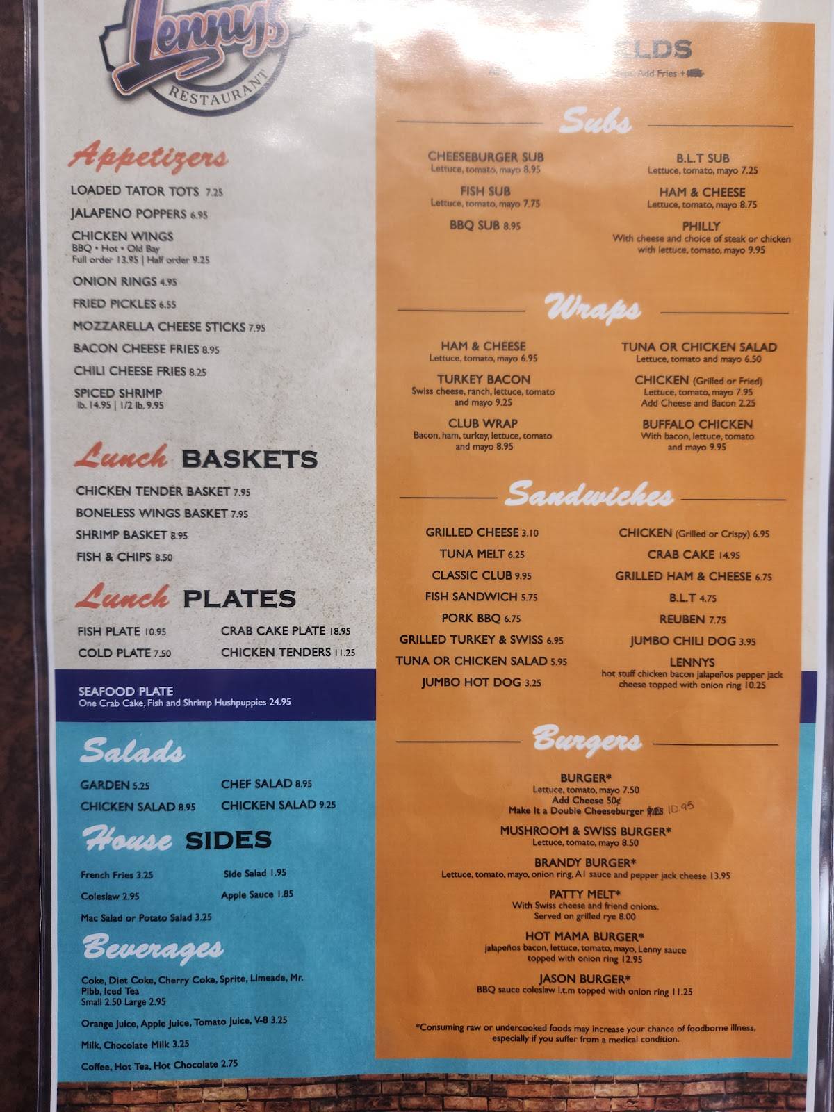 Menu at Lenny's Restaurant, Colonial Beach