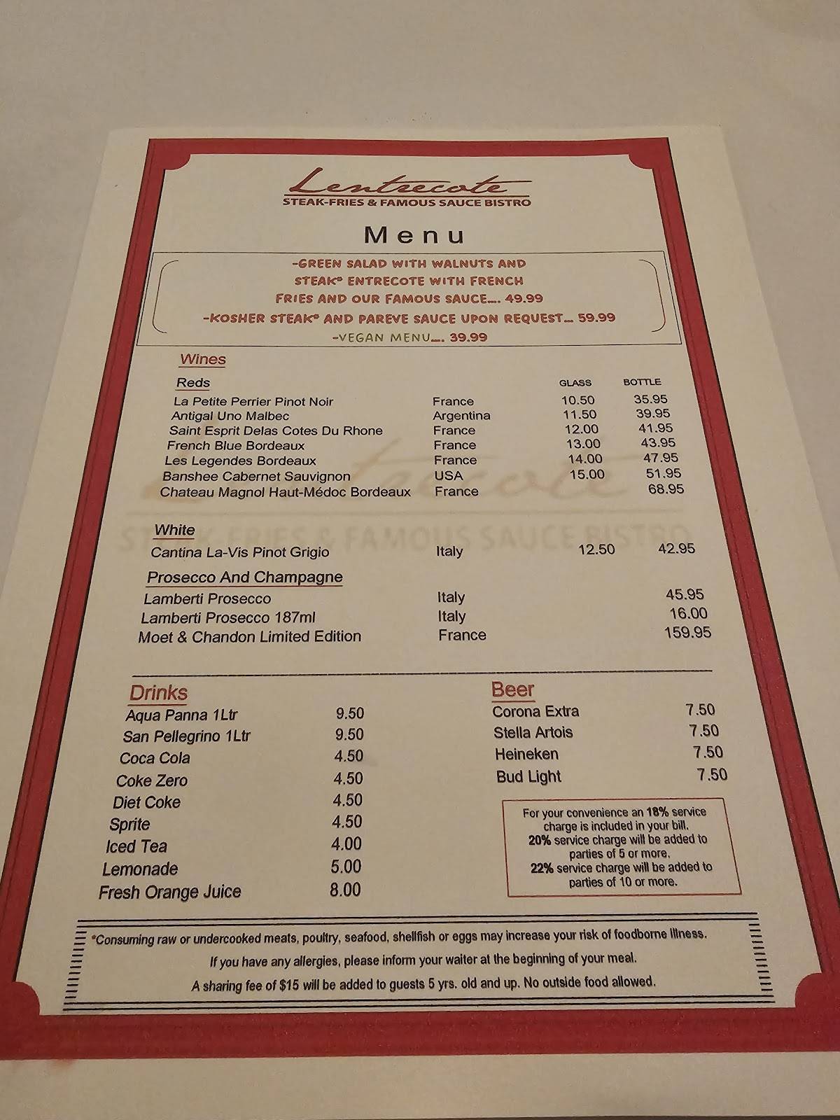 Menu at Lentrecote French Restaurant, Sunny Isles Beach