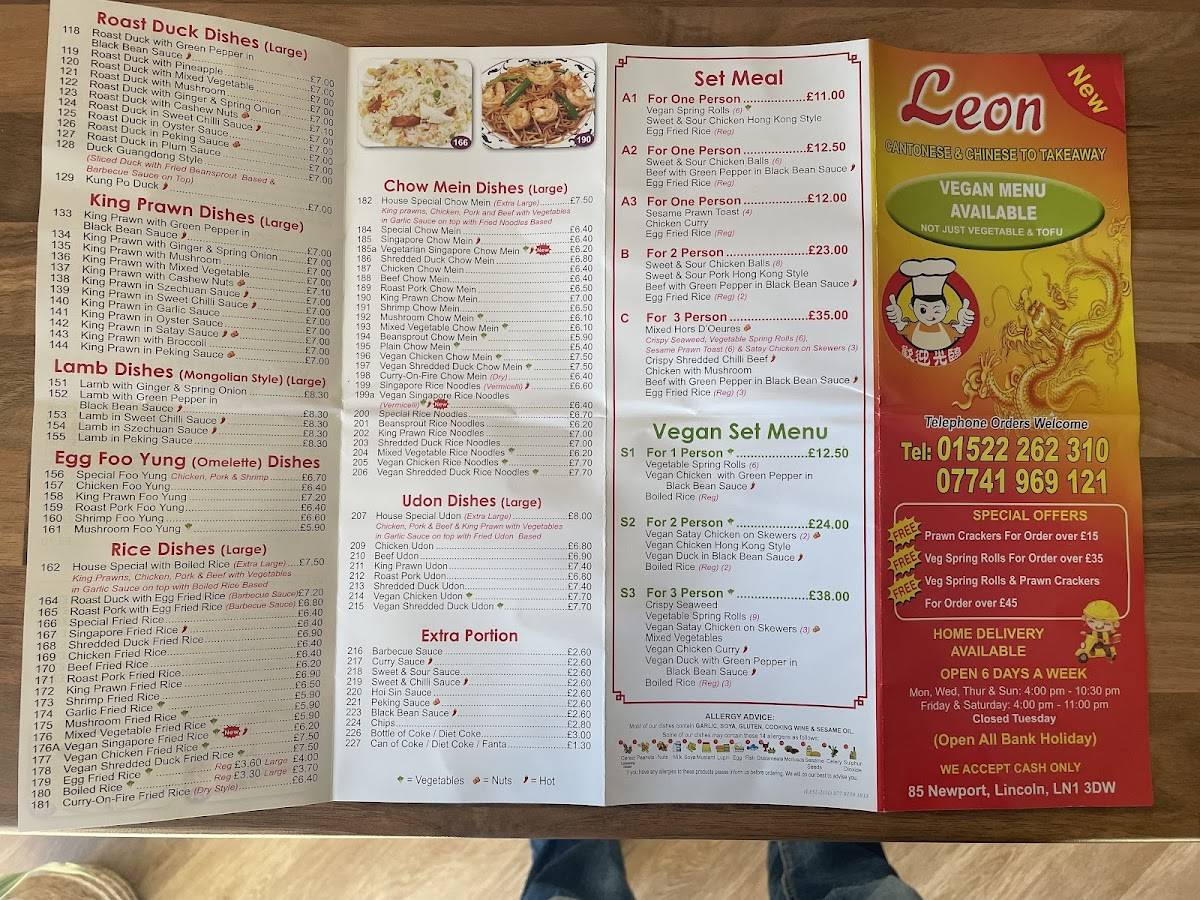 Menu at Leon Cantonese & Chinese Takeaway restaurant, Lincoln