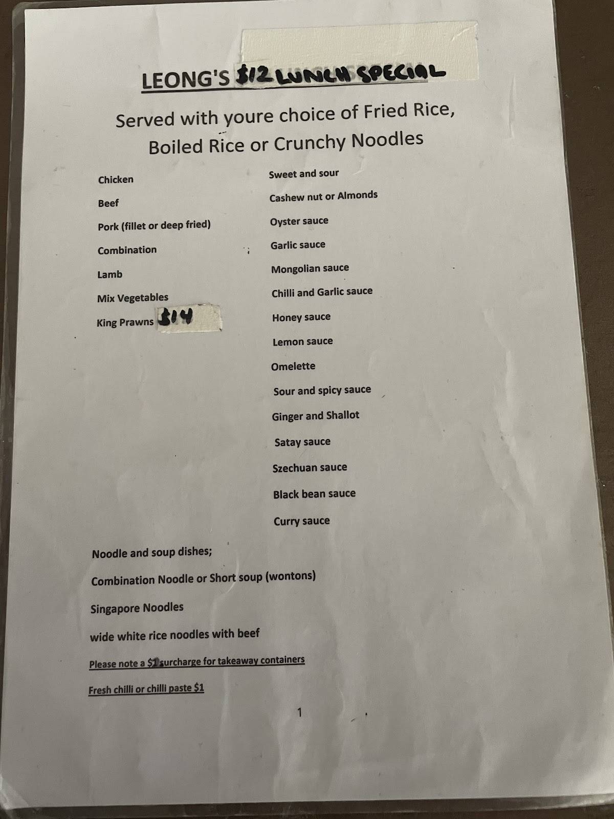 Menu at Leong's Chinese Restaurant, Nowra