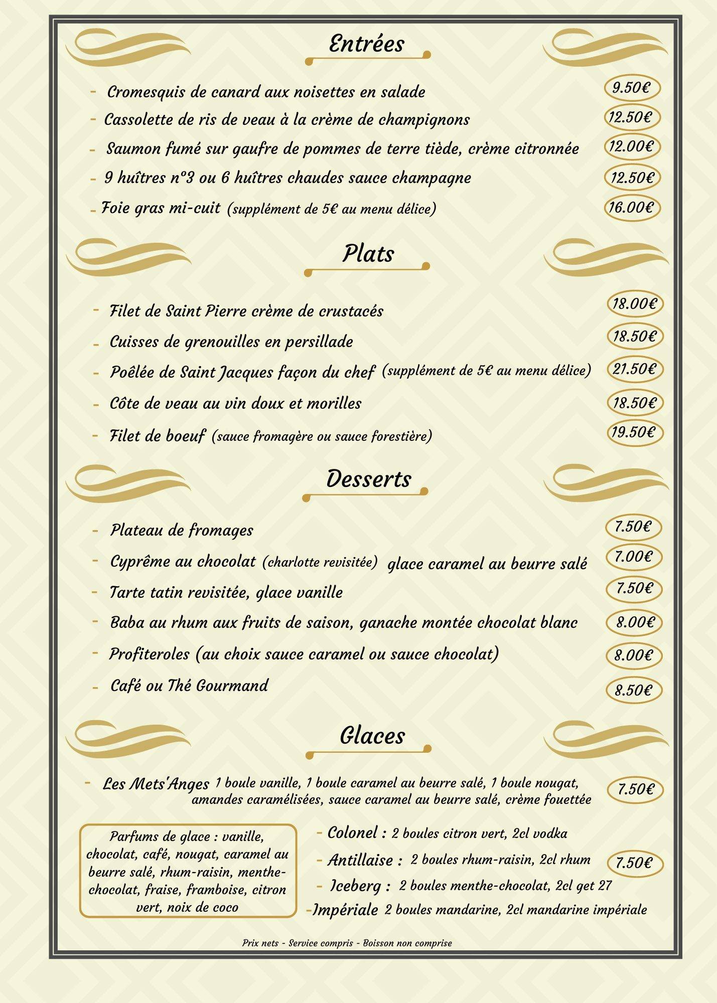 Menu au Les Mets' Anges restaurant, Le Perrier, 1 Rte du Grabat