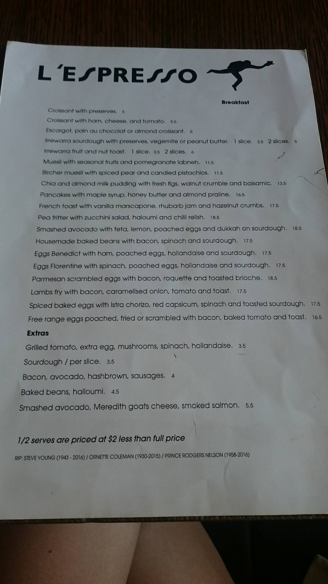Menu at L'espresso cafe, Ballarat Central