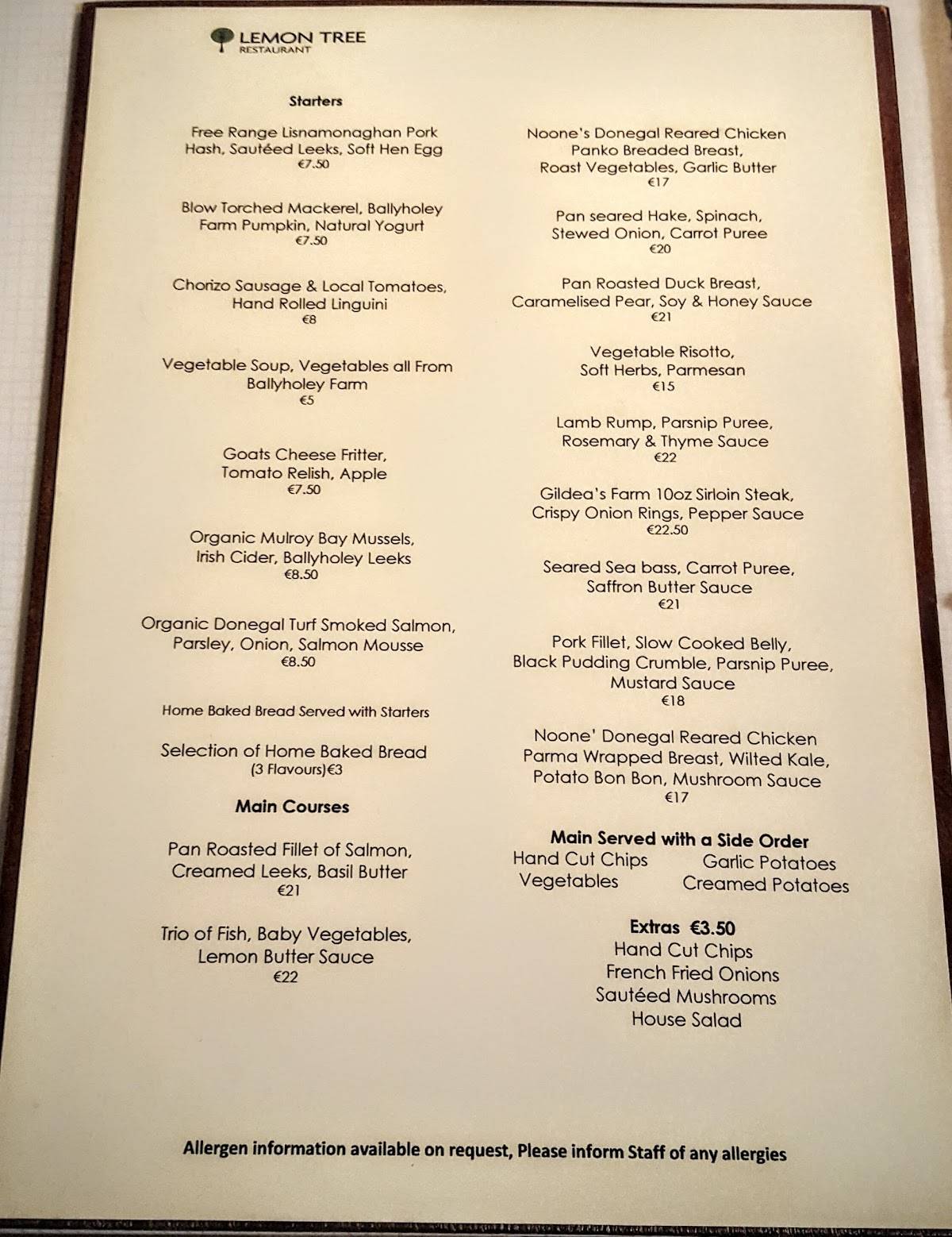 Menu at The Lemon Tree Restaurant, Letterkenny