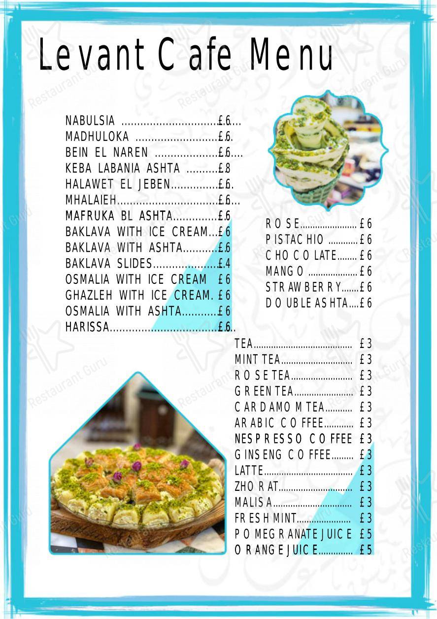 Menu at Levant book Cafe, London, 26-28 Standard Rd