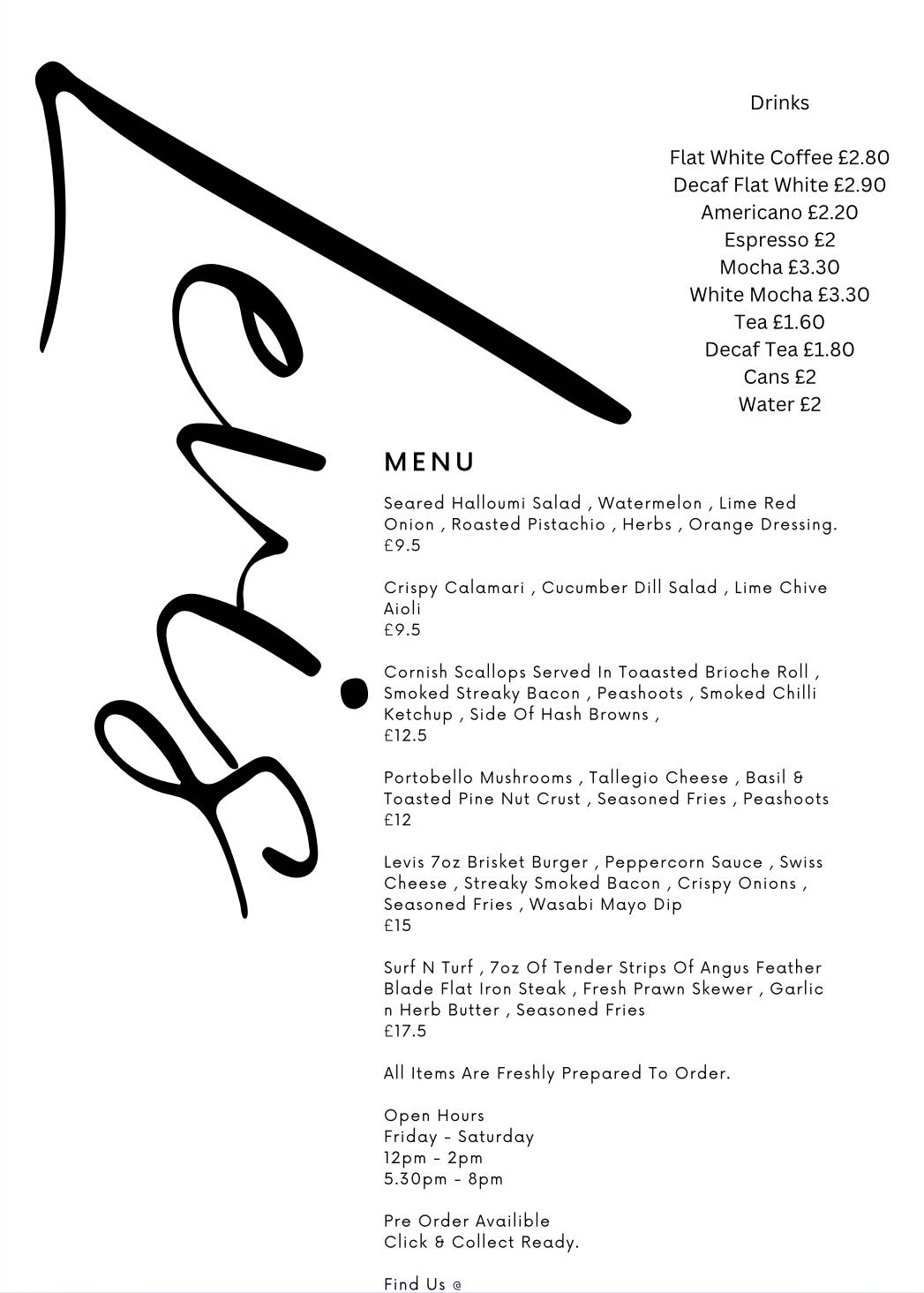 Menu at Levi’s Kitchen, Perranzabuloe